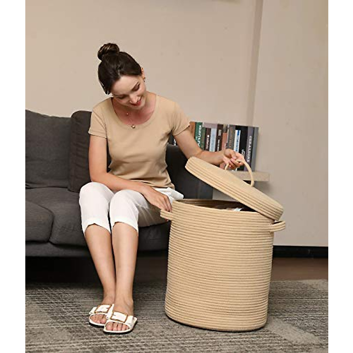 16" x 16" x 18" Large Cotton Rope Storage Basket with Lid, Full Beige with Cover