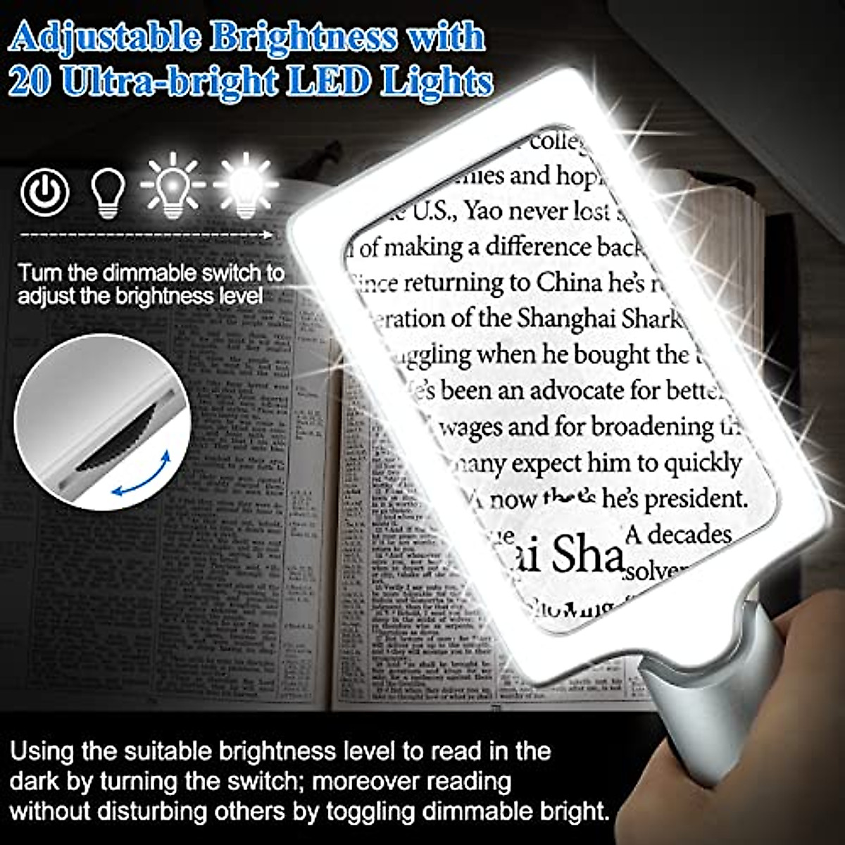 Magnifying Glass with Light, 4X 10X Magnifier with 20 Anti-Glare and Dimmable LED Lights Provides Evenly-Lit Viewing Area for Low Vision Seniors