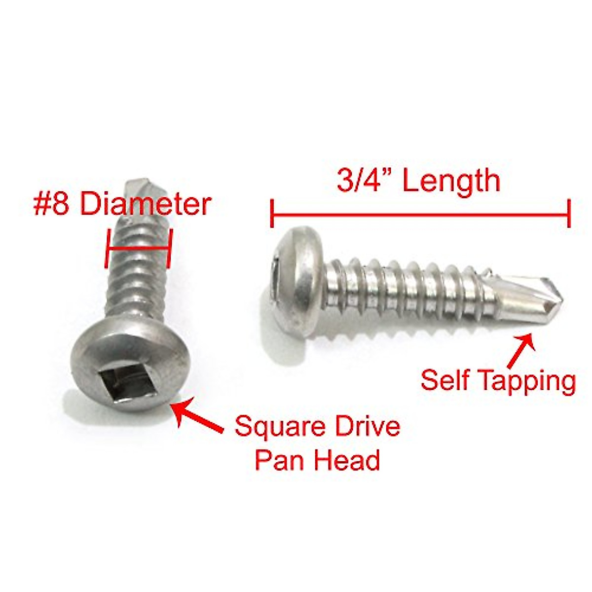 Bolt Dropper 8 x 3/4" Stainless Pan Head Square Drive Sheet Metal Self Tapping Drilling Screws, (100pc) 410 SS, Corrosion Resistant Choose Size and Qty,.