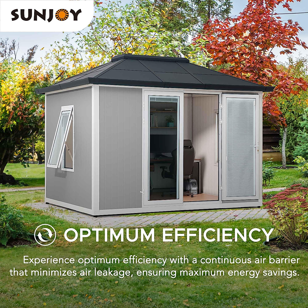 Sunjoy Office Shed for Outdoor, Tiny House 10'x12.6' She Shed, Backyard Office, Multipurpose Outdoor Room, Home Gym with Floor, 2 Windows and Lockable Doors