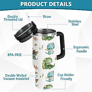 Flradish 40oz Tumbler with Handle, Cute Dragons Stainless Steel Tumbler with Lid and Straws Double Wall Vacuum Insulated Leakproof Coffee Travel Mug