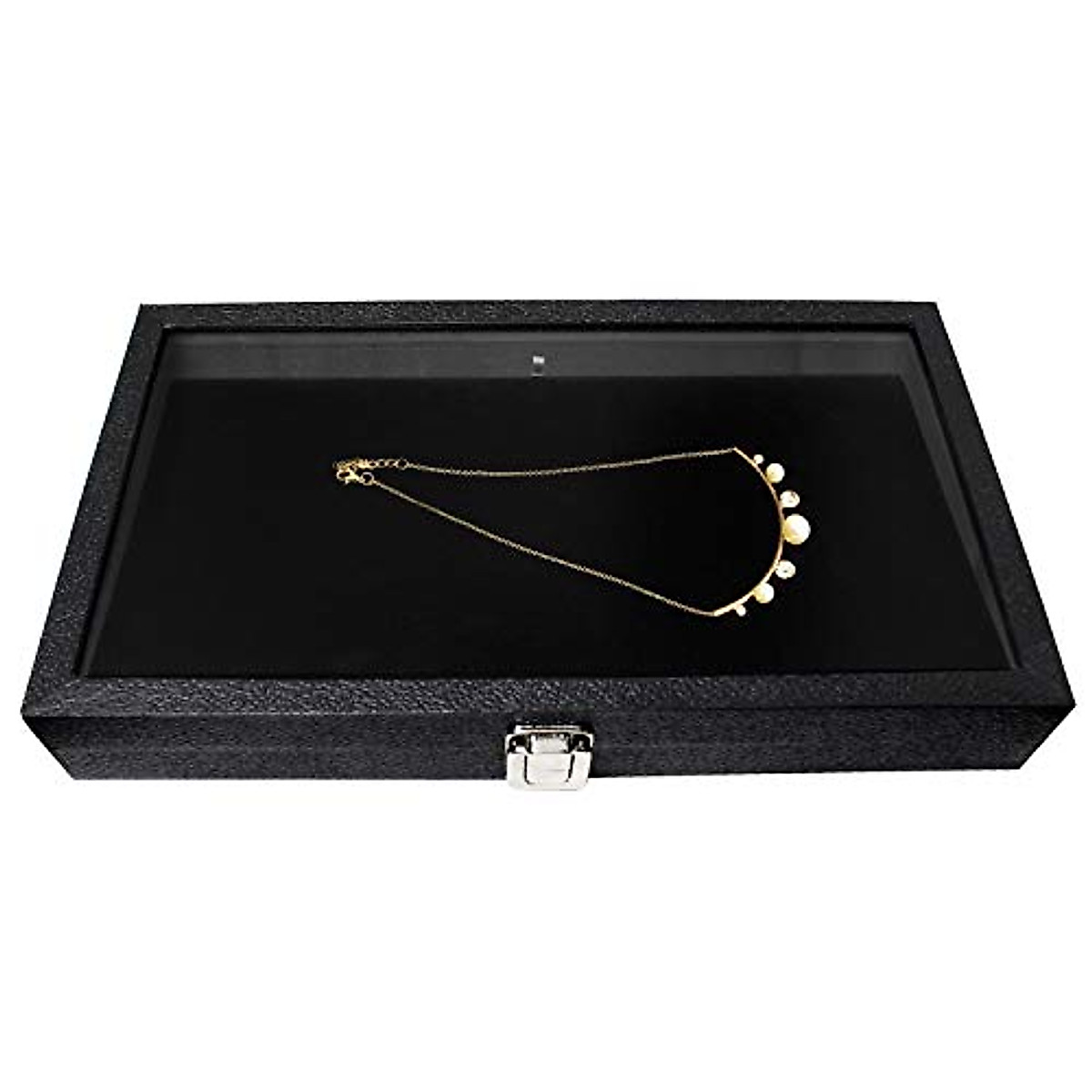 Ikee Design Leatherette Wooden Jewelry Display Case with Glass Top and Black Velvet Pad, Home Organization Storage Box, Wooden Jewelry Tray for Collectibles, 14.75" W x 8.25" D x 2.13''H