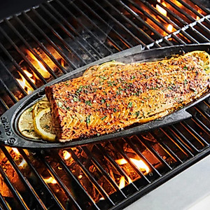 Outset 76376 Fish Cast Iron Grill and Serving Pan Black, 18.9 x 7.28 x 0.98 inches