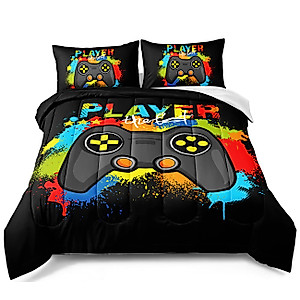 BDUCOK Gamer Comforter Sets for Boys, Gaming Bedding Set Full Set,Video Games Comforter for Boys Kids Adult Gamepad Comforter Set Gamer Room Decor for Teen Boys 1 Comforter with 2 Pillow Cases