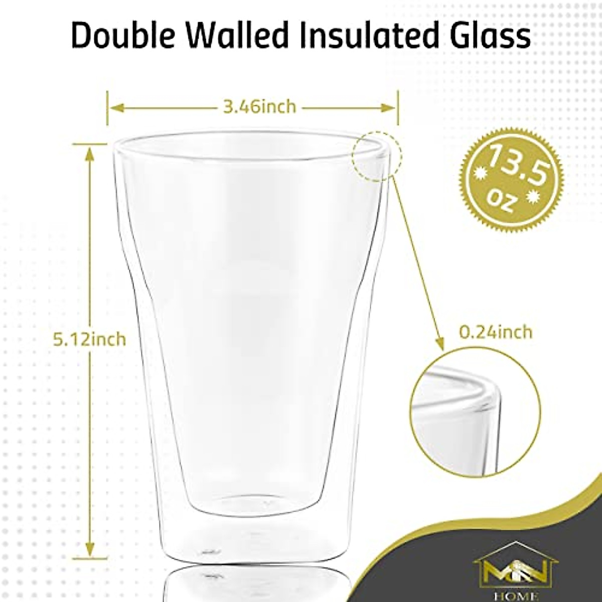 M&N HOME Double Walled Glass Cup, Double Wall Insulated Drinking Glasses, Double Wall Glass Coffee Mugs, Vaso de Vidrio de Doble Pared (Set of 2) - 13.5-Ounces