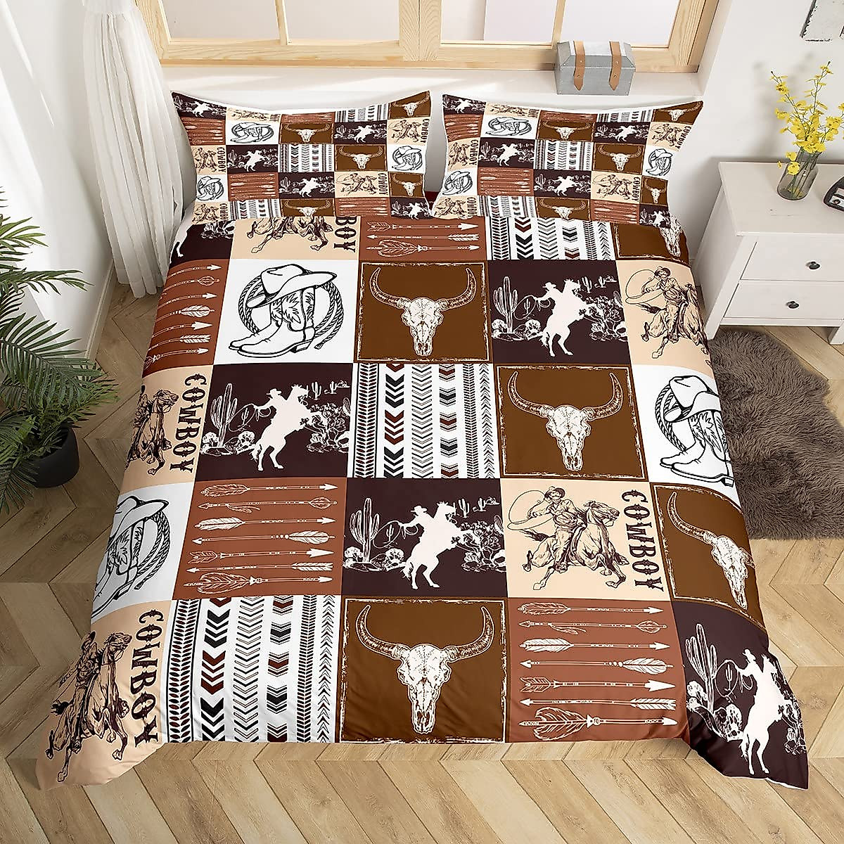 Western Cowboy Kids Duvet Cover Set Queen Size, Bull Skull Horse Arrow Print Quilt Cover with 2 Pillowcases, American West Brown Lattice Patchwork Bedding Cover for Boys Teens Room Decor, No Filler