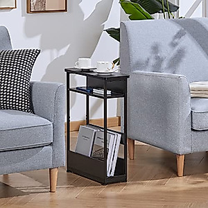 Vintage Narrow Side Table with Storage Shelf, 3 Tier Slim End Table Modern Sofa Table for Narrow and Small Spaces, 24.6 Inch Height Bedside Table Small Nightstand with Magazine Rack/Black
