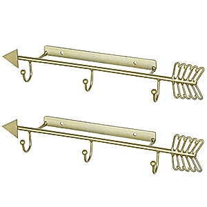 MyGift Wall Mounted Collectible Plate Saucer and Tea Cup Display Rack with 3 Hooks, Brass Tone Metal Arrow Design Decorative Wall Plate Holder, Set of 2
