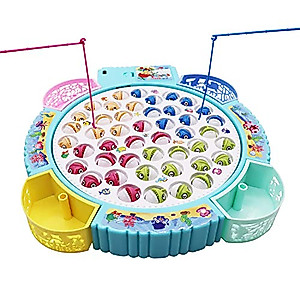 TuKIIE Fishing Game Toy Pole and Rod Fish Board Rotating with Music Includes 45 Fish and 4 Fishing Poles Fine Motor Skill Training Birthday Gifts for Children Kids Toddlers Boys Girls(Blue)