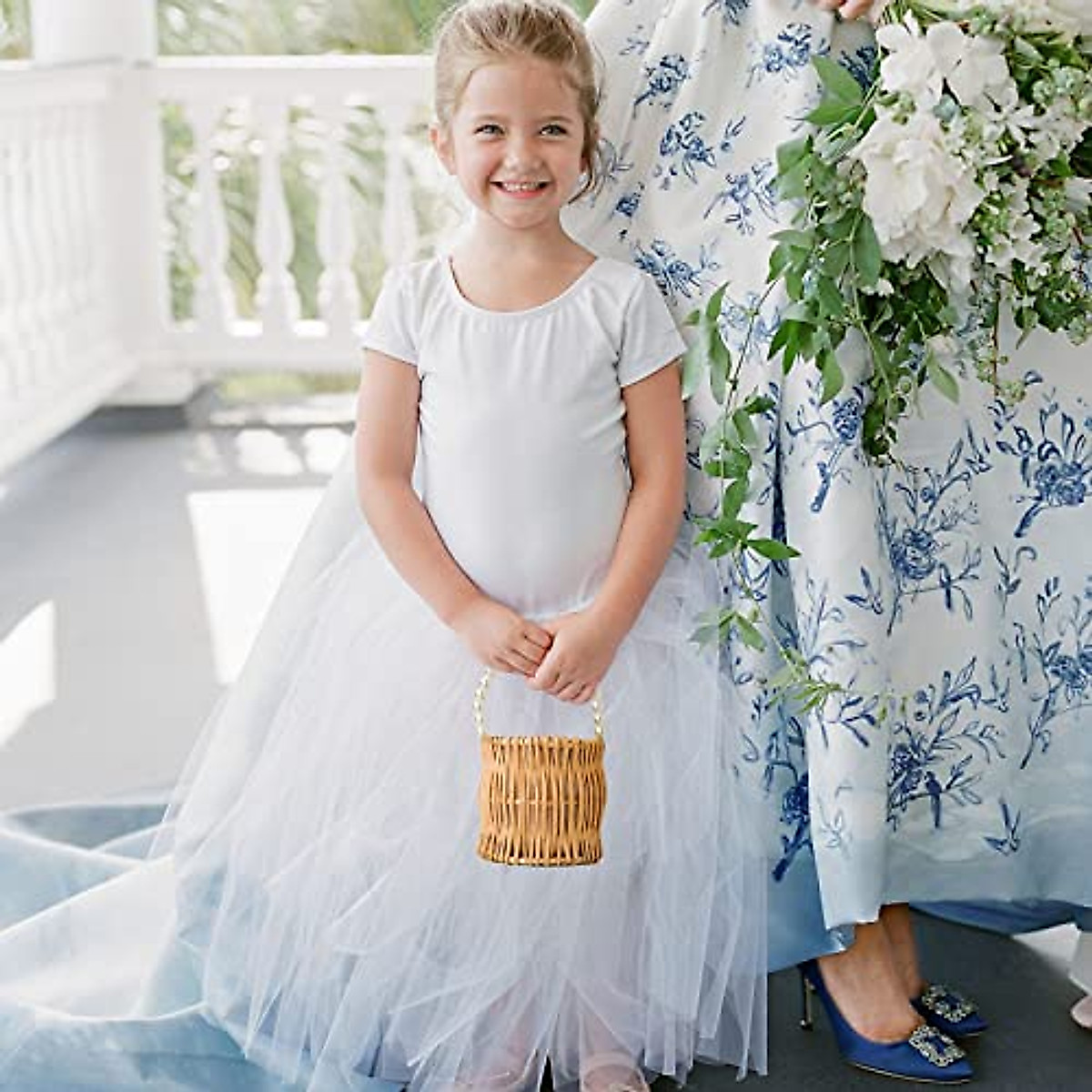 DEDEMCO Woven Rattan Storage Basket with Pearl Handles,Wedding Flower Girl Baskets,Straw Beach Bags Purse Wicker Tote Drawstring Closure,Square,5.3x5.5 In, 5.3x5.5 inch