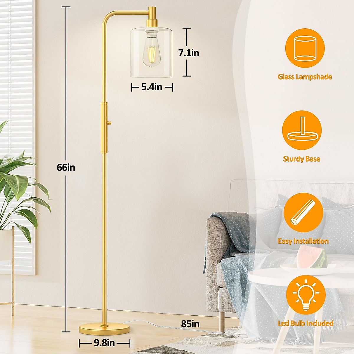 CNXIN Stepless Dimmable Floor Lamps with Glass Lampshade Modern Standing Lamps with 6W LED Bulb Bright Corner Lamp Tall Pole Lamps for Living Room Bedroom Office Study Room Farmhouse, Gold