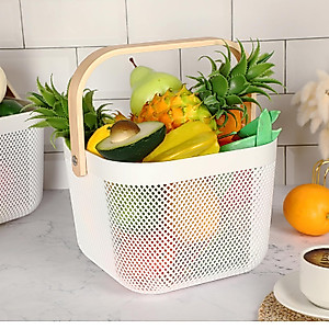 Roshtia 6 Pcs Plastic Mesh Storage Basket with Handle 9.8 x 10.2 x 7.1 Inch Garden Harvest Storage Basket Multi Functional Hanging Organizer for Kitchen Bathroom Picnic Cabinet Home(White)