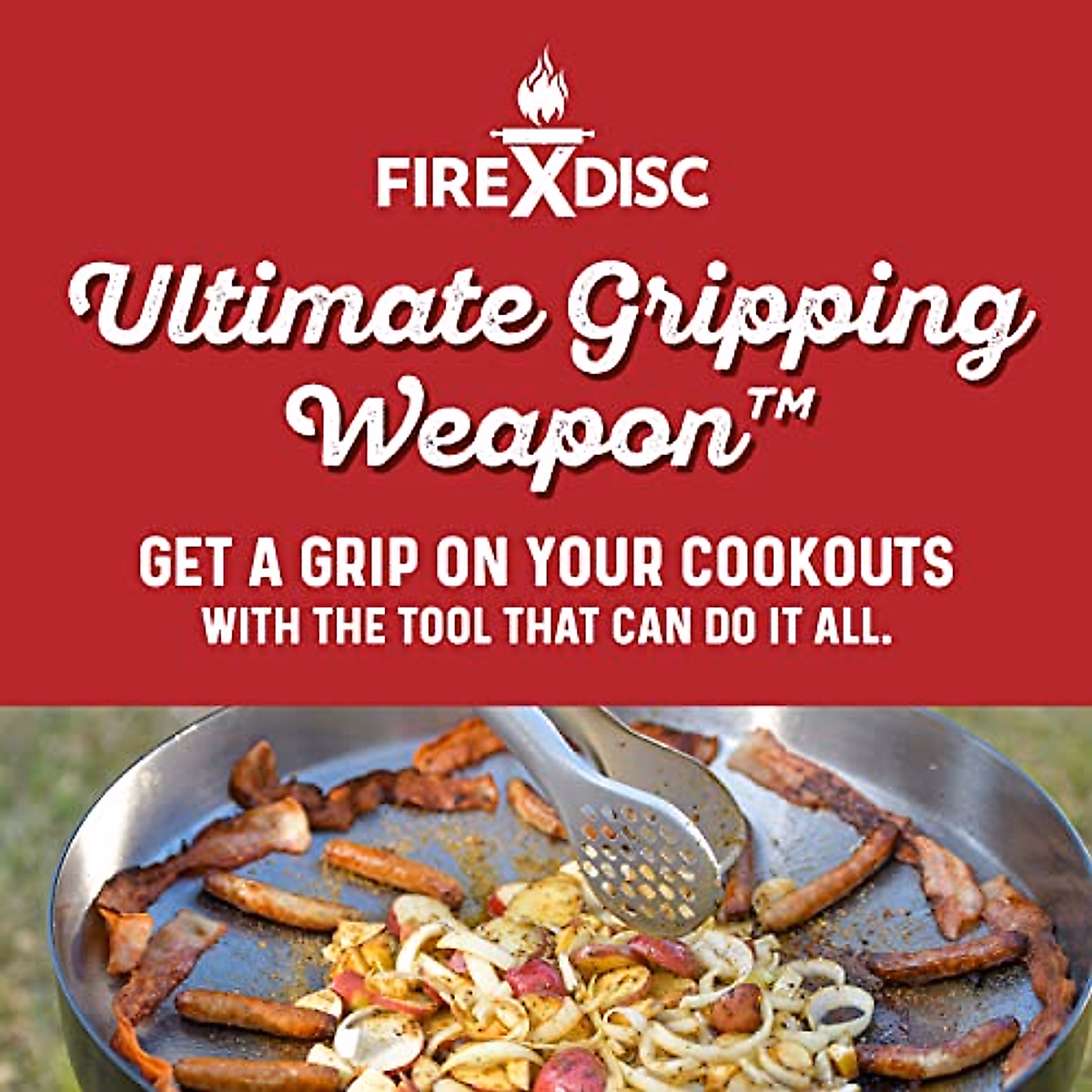 FIREDISC Ultimate Gripping Weapon | Tongs for Cooking Outside | Oversized Stainless Steel Cooking Tongs | Locking Grilling Tongs | Outdoor Cooking Tongs for Grilling Meat | 19 x 6.75 x 2 inches