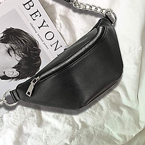 BigBigMe Fanny Pack for Women, Fashion Leather Waist Bag Belt Bag with Adjustable Strap Crossbody bag Chest Bag Phone Purse with Metalic Chain, Gifts for Women, Black