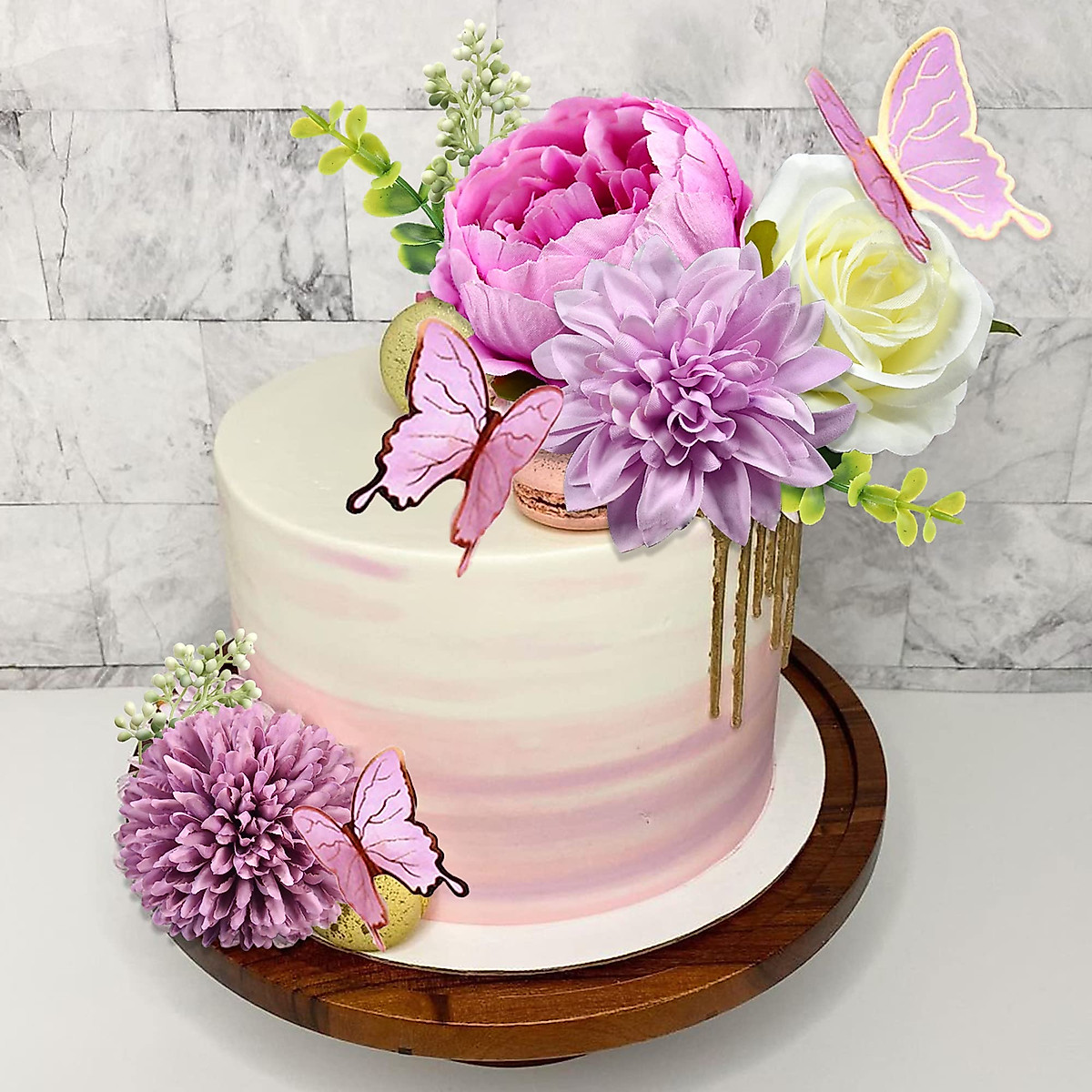 14 PCS Butterfly Cake Toppers Happy Birthday Cake Decorations with Artificial Purple Flowers Eucalyptus Butterflies for Girls Birthday Party Wedding Baby Shower Supplies (Purple)