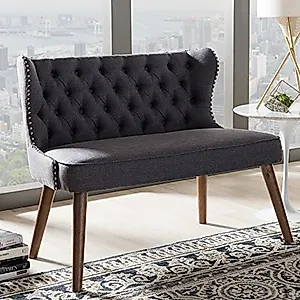 Baxton Studio Sydney Walnut Wood Button-Tufting with Nailheads Trim 2-Seater Loveseat Settee, Dark Grey