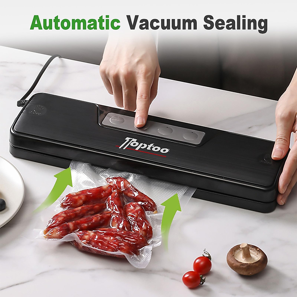 Toptoo Vacuum Sealer For Food Storage Vacuum Sealer Machine Meat Sealers Vacuum Packing Machine With Free Vacuum Seal Bags 1 Roll (12" x 17'), 2 Rolls (8" x 17') and 10 Pack (6" x 10') Black