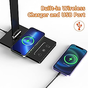 LED Desk Lamp - Desk Lamp with Wireless Charger, USB Charging Port, Eye-Caring Desk Lamps for Home Office, 5 Modes 7 Brightness, Touch Control, 30/60 Min Timer, Desk Light for Study