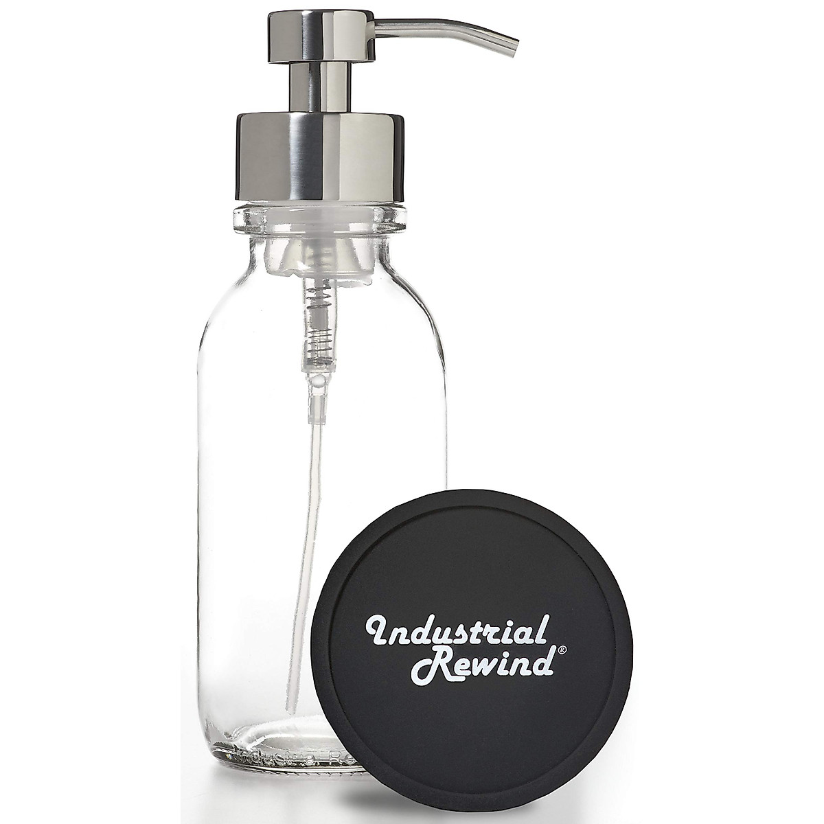 Clear Glass Soap Dispenser with Chrome Metal Pump - Wide Mouth 16oz Glass Bottle Includes Non Slip Bottom and Counter top Protector. (Clear/Chrome)