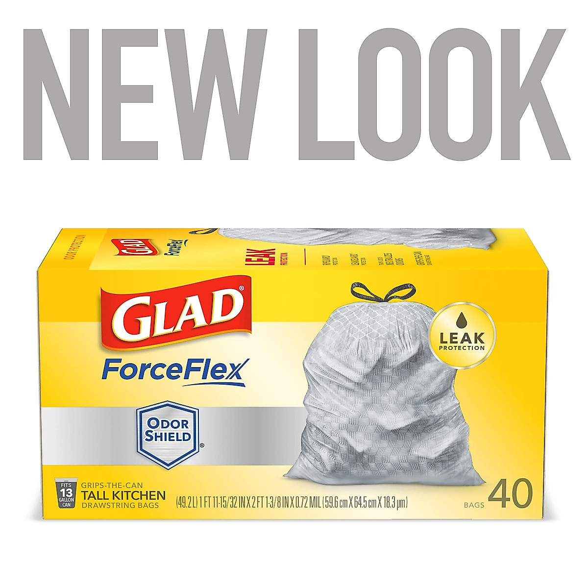 Glad Trash Bags, ForceFlexPlus Tall Kitchen Drawstring Garbage Bags - 13 Gallon White Trash Bag for Kitchen Trash Can, Odor Shield, Odor Eliminator, Leak Protection, 40 Count - Packaging May Vary