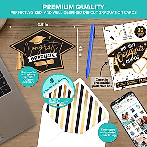 Decorably 20 Pack Gold Foiled & Glittery Graduation Cards 2024 with Envelopes & Stickers - 5 Die-Cut Designs College Graduation Card Pack, Graduation Cards Pack, 6.5x4.5in Grad Cards Pack
