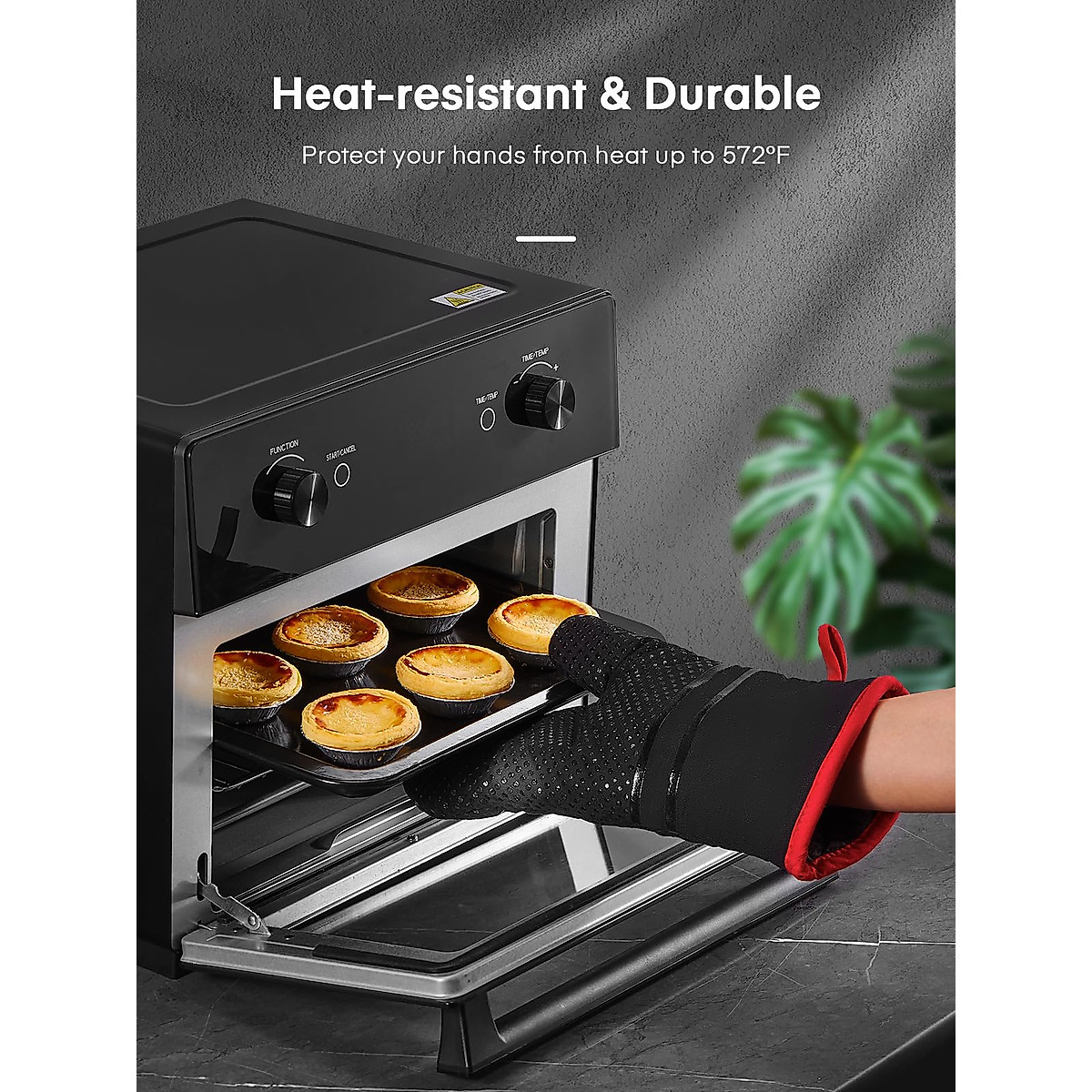 Oven Mitts, Heat Resistant Kitchen Oven Gloves 572°F, Non-Slip Silicone Surface, Extra Long Flexible Thick Mitts for Kitchen, Cooking, Baking, BBQ, Black