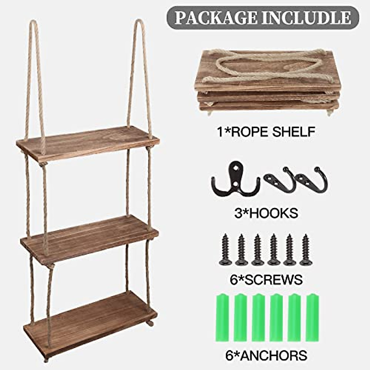 Rope Floating Shelves for Wall Hanging Shelf ,Rustic Wood Storage Shelves ,Wall Decorations for Bedroom, Kitchen, Office, Living Room, Bathroom (3tiers)