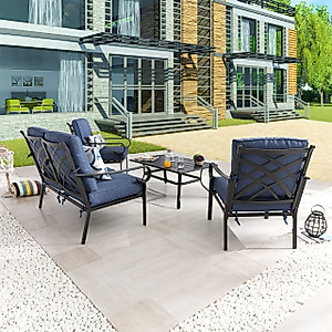 LOKATSE HOME 4-Piece Patio Cushioned Furniture Outdoor Bistro Conversation Set with 1 Loveseat, 2 Single Sofa Chairs, 1 Coffee Table, Blue