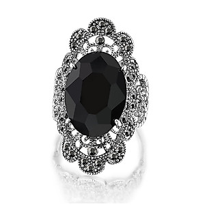Mytys Retro Vintage Cocktail Statement Ring Black Marcasite & Crystal Rings for Women Antique Silver Big Black Onyx Stone Ring Style 4