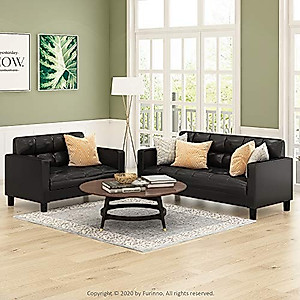 Furinno Brive Contemporary Tufted Faux Leather 3-Seater Sofa Couch for Living Room, Black Faux Leather