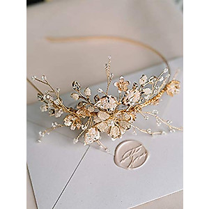 SWEETV Flower-Leaf Bridal Headband Gold Crystal Tiara for Women Pearl Wedding Headpieces for Bride Hair Accessories for Prom Birthday Party