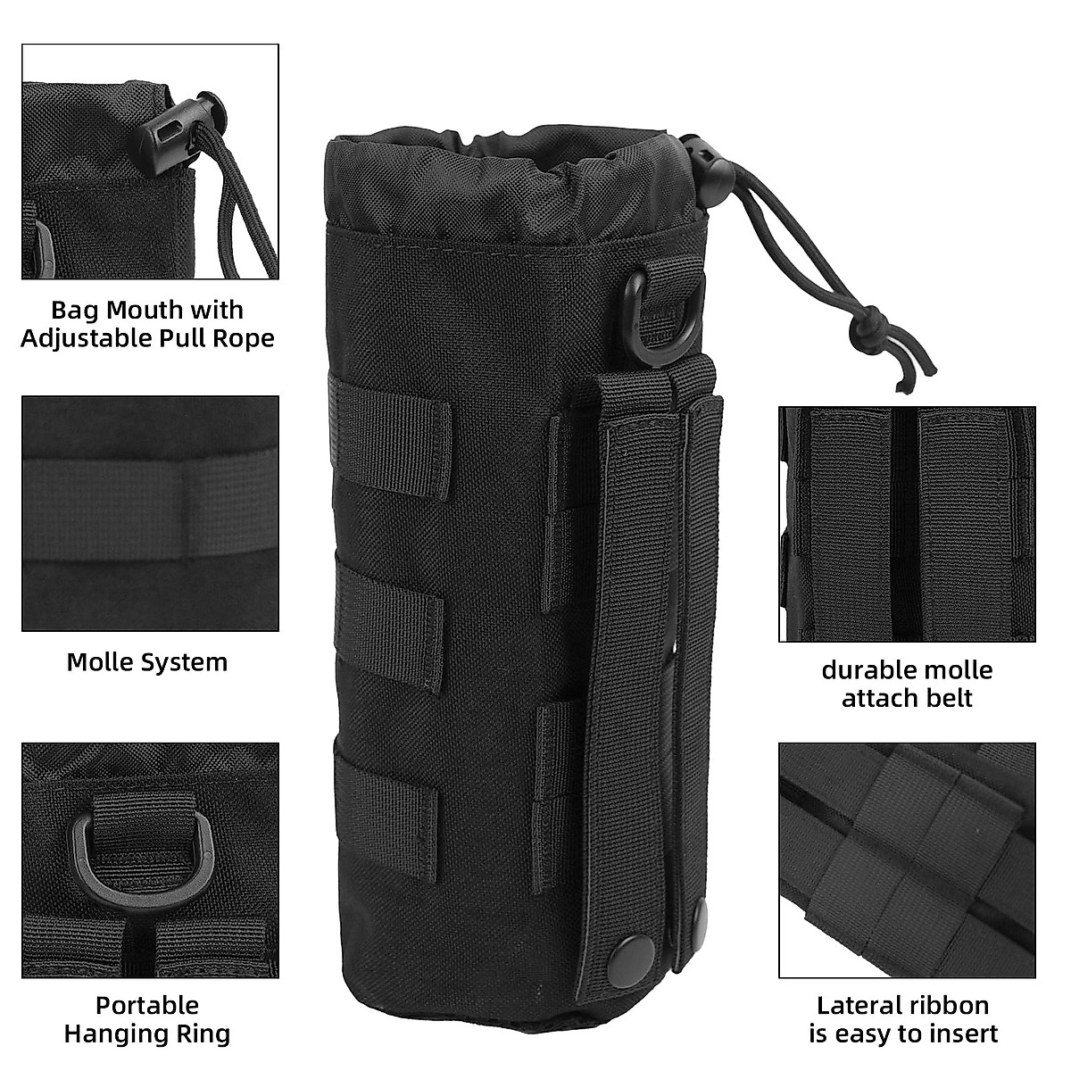 LOOGU Sports Water Bottle Pouch Bag, Molle Water Bottle Holder with Drawstring Open Top & Mesh Bottom, Travel Mesh Water Bottle Bag Tactical Hydration Carrier