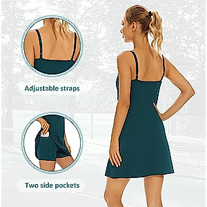 Leovqn Tennis Dress for Women Workout Athletic Dress with Built-in Bra & Shorts Exercise Dress for Golf Dress with Pockets - Teal M