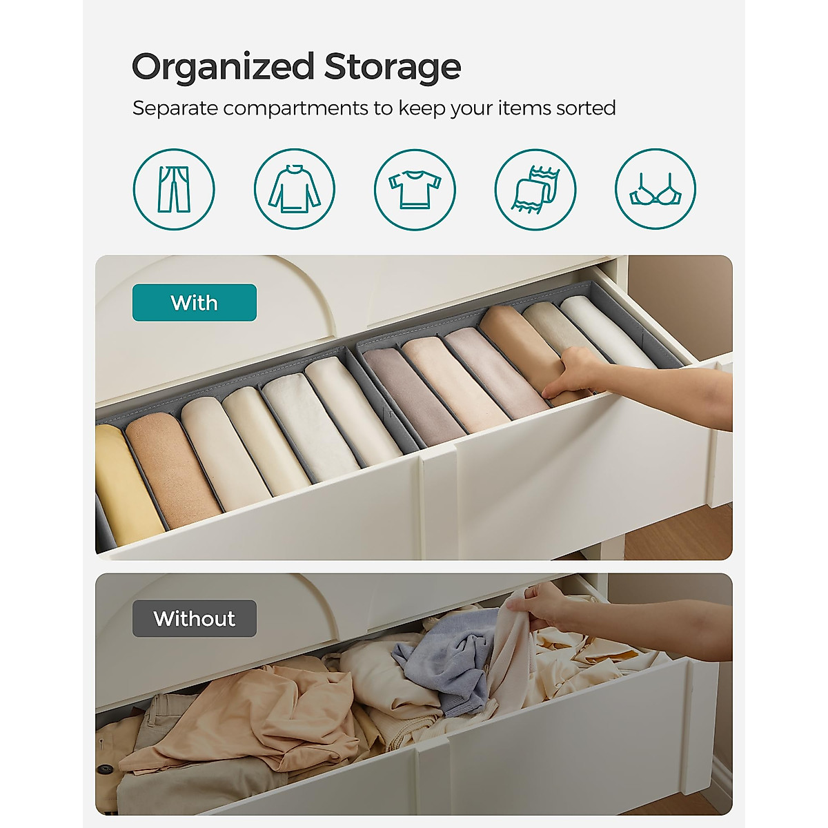 SONGMICS Set of 2 Large Size Wardrobe Clothes Organizers, 6-Compartment Foldable Drawer Organizers with Handles, 16.5 x 11.8 x 6.7 Inches, for Pants, Sweaters, Jeans, Dove Gray URUS009G02