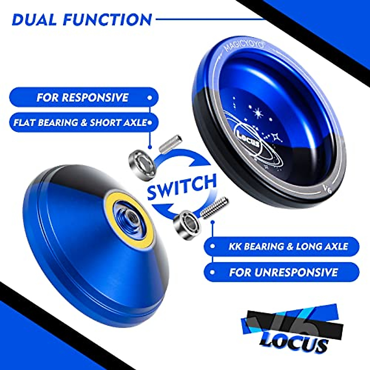MAGICYOYO Responsive V6 Black Blue Aluminum YoYo for Kids Beginner Learner with 1 Yoyo Storage Bag, 1 Unresponsive Bearing Kit, 12 Yoyo Strings