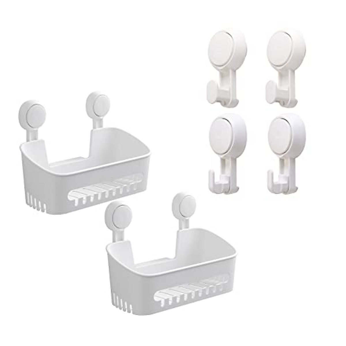 TAILI Suction Shower Caddy 2 Pack & Suction Hooks 4 Pack, Bathroom Shower Basket Wall Mounted Shower Organizer Shelf for Shampoo, Body Wash, Conditioner, Shower Accessories, Drill-Free Removable