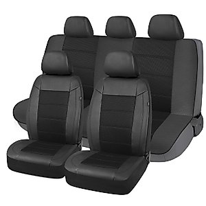 PIC AUTO Car Seat Cover Full Set, Front Bucket Seat Covers with Split Bench, Mesh and Leather, Universal Fit for Most Cars, SUVs, and Trucks (Black)