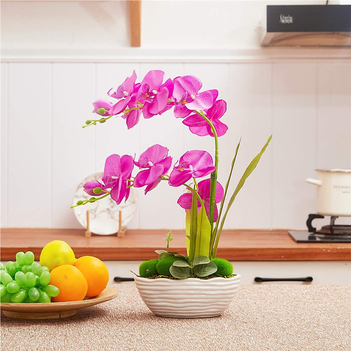 YSZL Large Artificial Potted Orchid Plant, Silk Flower Arrangement with Ceramics Vase, Purple Red
