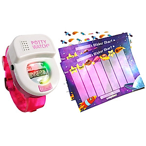 Potty Time: Purple Watch & Sticker Set | Water Resistant, Toilet Training Aid, Warranty Included. (Automatic Timers Plays Music & Flashing Lights for Fun Reminders), Pink + Space Sticker Chart Kit