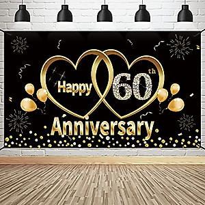 60th Anniversary Banner Backdrop Decorations - Large Happy 60 Year Wedding Anniversary Party Supplies Décor - Black Gold 60 Anniversary Poster Sign for Outdoor Indoor