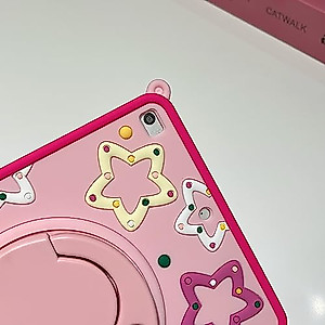 Premium Cute Soft Silicone Pink Star Colorful Kawaii Pattern Tablet Case with Built-in Foldable Kickstand and Lanyard Shockproof Cover Case for iPad Air 4 2020 10.9"