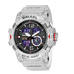 HOOSHU Mens Watches Tactical Watches for Men Analog Dual Display Sports Watch Military LED Stopwatch Electronic Large Waterproof (Crystal)