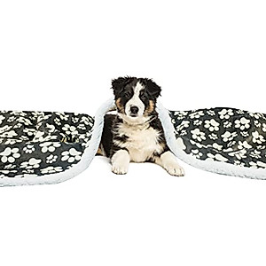 Longrich Flannel Paw Print & Ultra Soft Sherpa Throw Blanket, 50" W X 60" W, Grey with Brown Paw Print