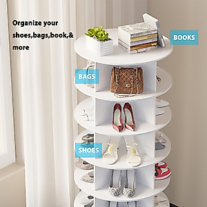 GZOOGHOME 7-Tier Rotating Shoe Rack Tower, Modern Shoes Spinning Display Stand, Round Swivel Shoe Storage Cabinet, Lazy Suan 360 Revolving Shoes Cloest Organization (White)