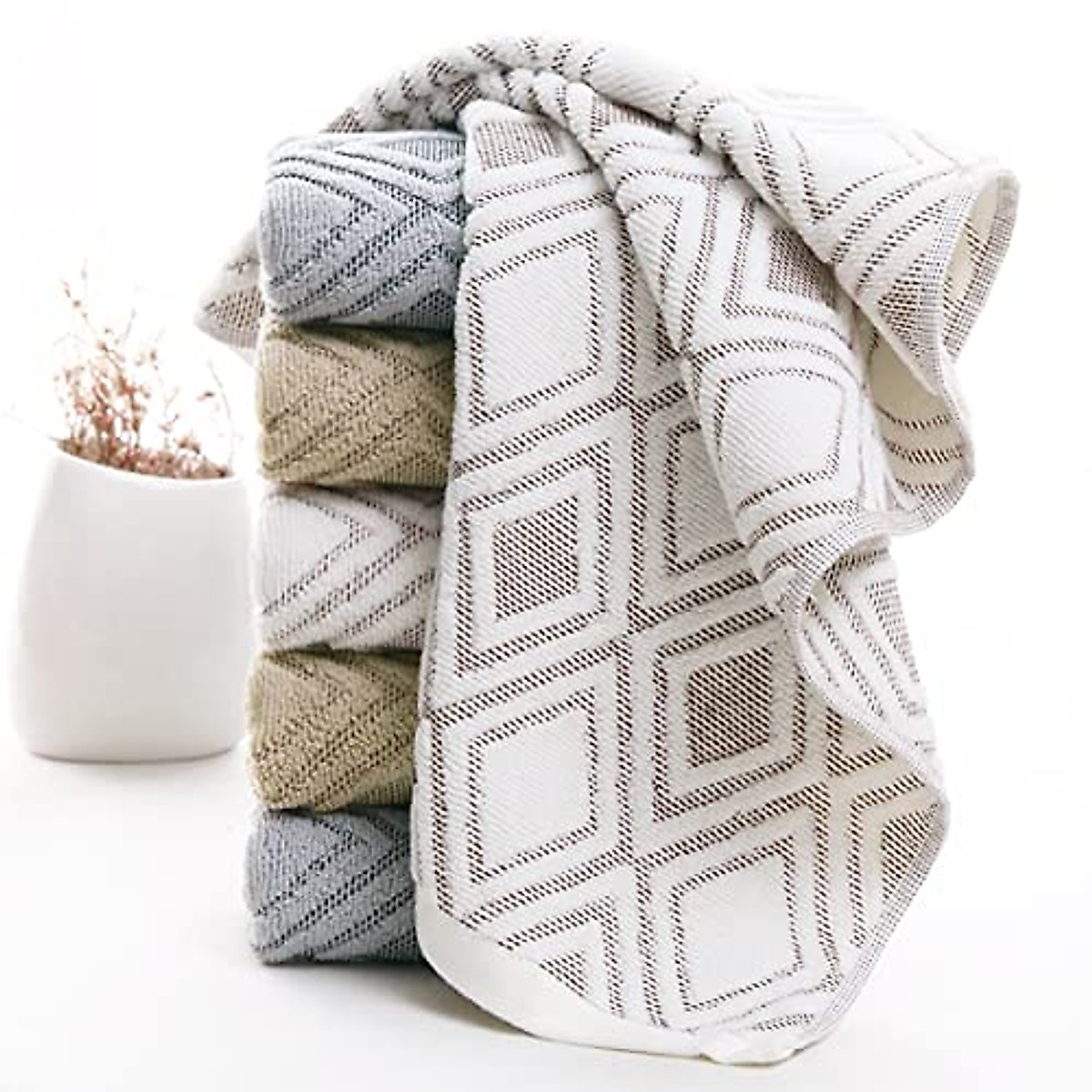 Pidada Hand Towels Set of 2 Diamond Pattern 100% Cotton Absorbent Soft Decorative Towel for Bathroom 13.4 x 29.5 Inch (Beige Brown)