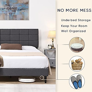 Yone jx je Platform Bed Frame with Fabric Upholstered Headboard and Mattress Foundation Wooden Slats Support, Fabric Upholstered Platform Bed Frame, No Box Spring Needed (Gray, Queen Size)