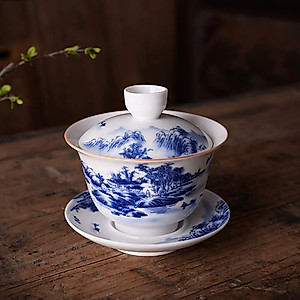 MULHUE Teacups set,Chinese Traditional Teaware Blue and White Porcelain Gaiwan Kungfu Tea bowl with Lid and Saucer - 180ml,Landscape