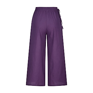 Linen Pants Women Summer Short Inseam Womens Straight-Leg Pull-on Pants Cotton Linen Trousers Palazzo Lounge Pants Slacks Summer Casual Comfy Loose Pants Purple XL