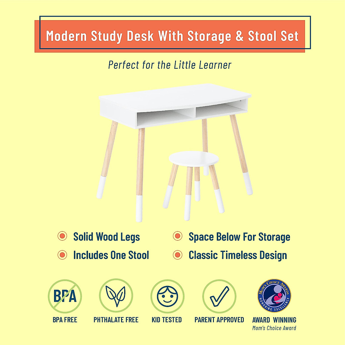 Wildkin Kids Premium Homework Desk with Storage and Stool Set for Boys and Girls, Includes One Matching Stool, Classic Timeless Design Features Solid Wood Legs (White w/Natural)