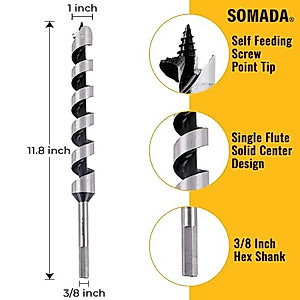 SOMADA 1-Inch x 12-Inch Auger Drill Bit for Wood, Hex Shank 3/8-Inch, Ship Auger Long Drill Bit for Soft and Hard Wood, Plastic, Drywall and Composite Materials